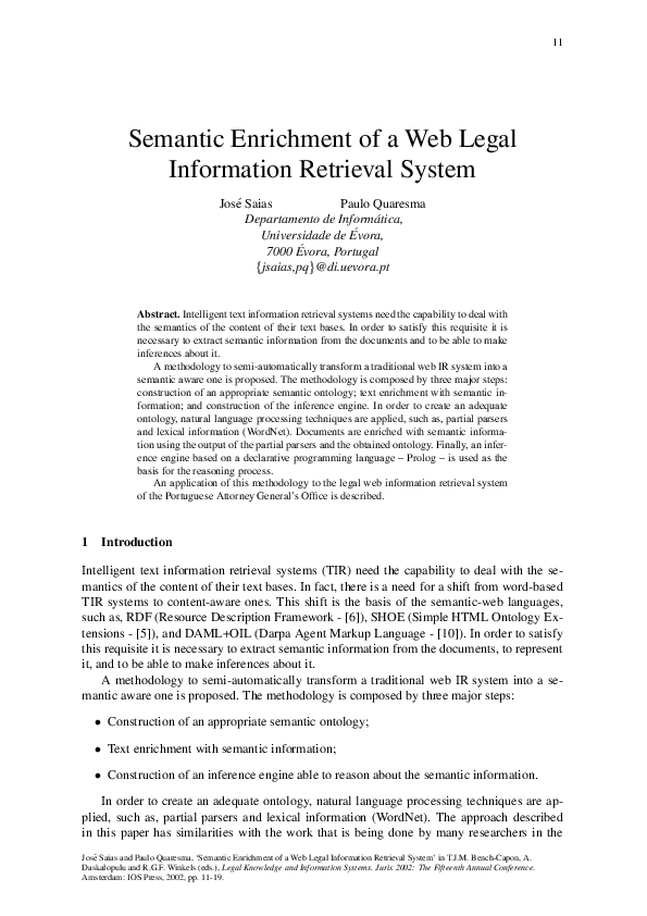 Pdf Semantic Enrichment Of A Web Legal Information Retrieval System