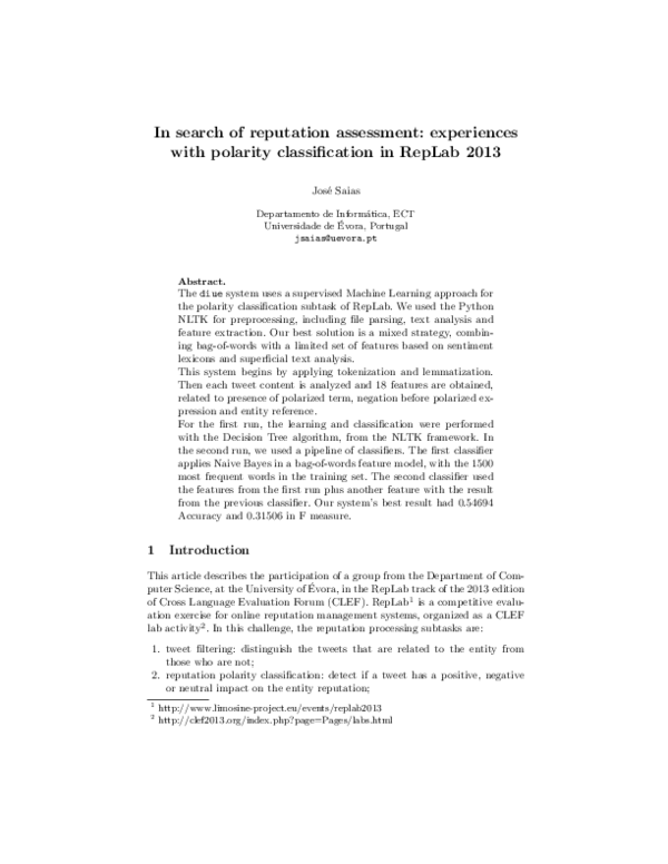 (PDF) In search of reputation assessment: experiences with polarity classification in RepLab ...