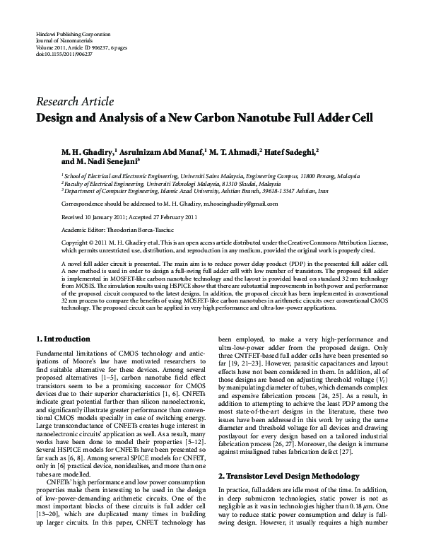 (PDF) Design and Analysis of a New Carbon Nanotube Full Adder Cell