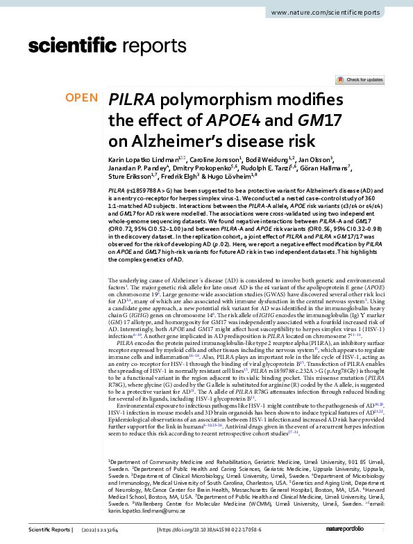 (PDF) PILRA polymorphism modifies the effect of APOE4 and GM17 on ...