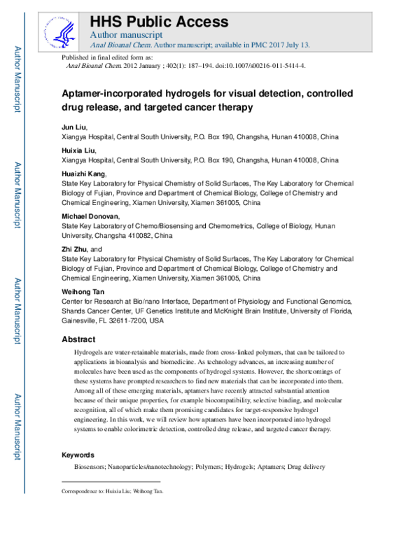 (PDF) Aptamer-incorporated hydrogels for visual detection, controlled ...
