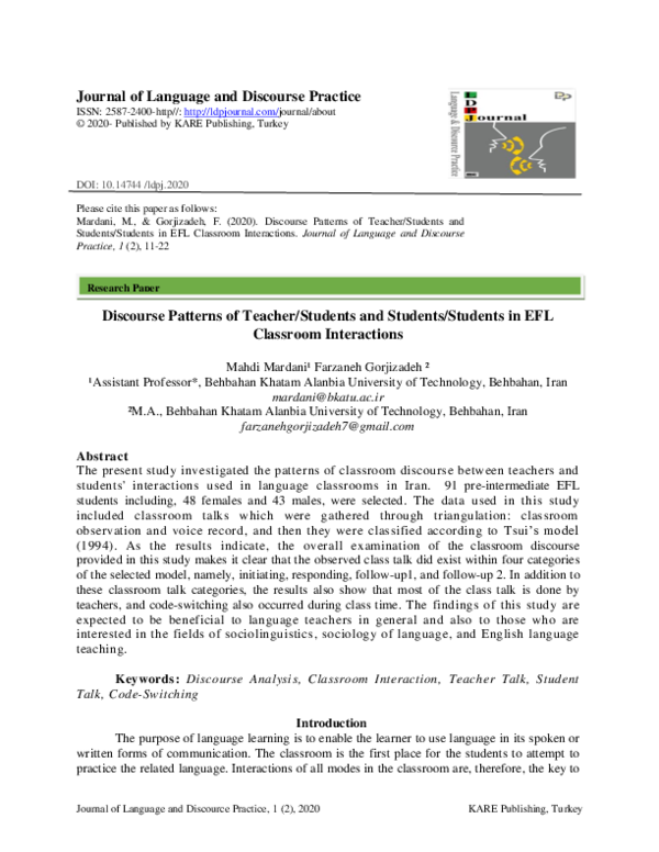 (PDF) Discourse Patterns of Teacher/Students and Students/Students in EFL Classroom Interactions
