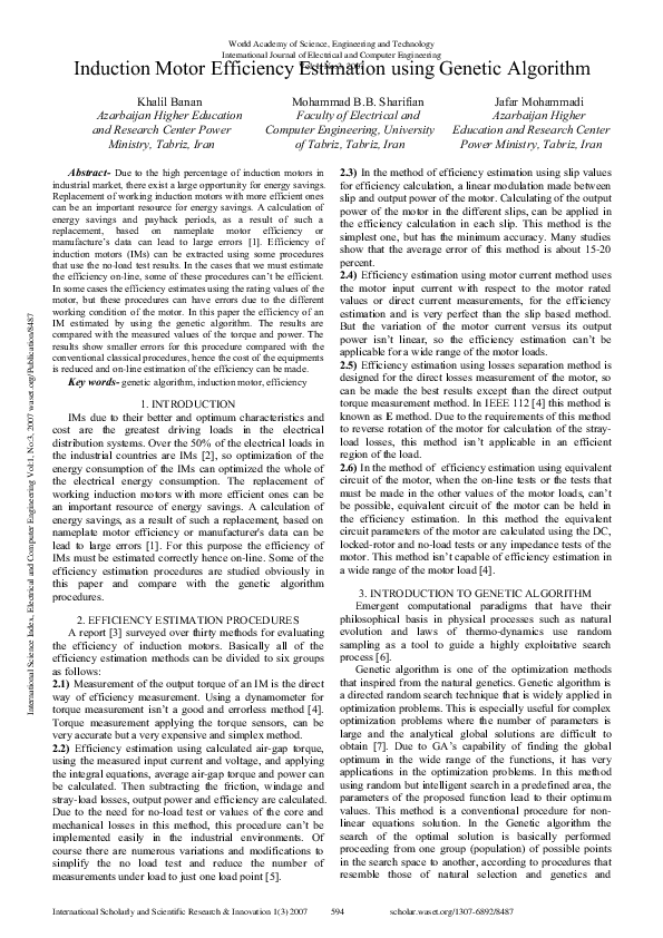 Pdf Induction Motor Efficiency Estimation Using Genetic Algorithm Jafar Mohammadi