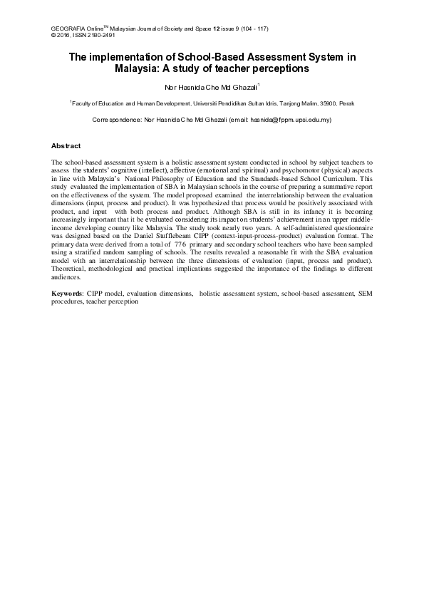 (PDF) The implementation of School-Based Assessment System in Malaysia: A study of teacher ...