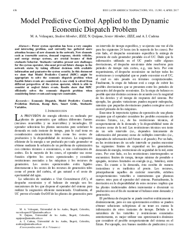 (PDF) Model Predictive Control Applied to the Dynamic Economic Dispatch Problem