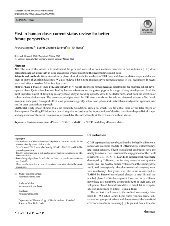 (PDF) First-in-human dose: current status review for better future ...