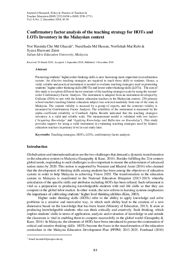 (PDF) Confirmatory factor analysis of the teaching strategy for HOTs ...