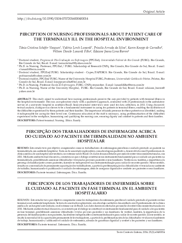 (PDF) Perception of Nursing Professionals About Patient Care of the Terminally Ill in the ...
