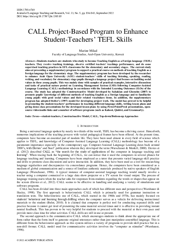 (PDF) CALL Project-Based Program to Enhance Student-Teachers’ TEFL Skills