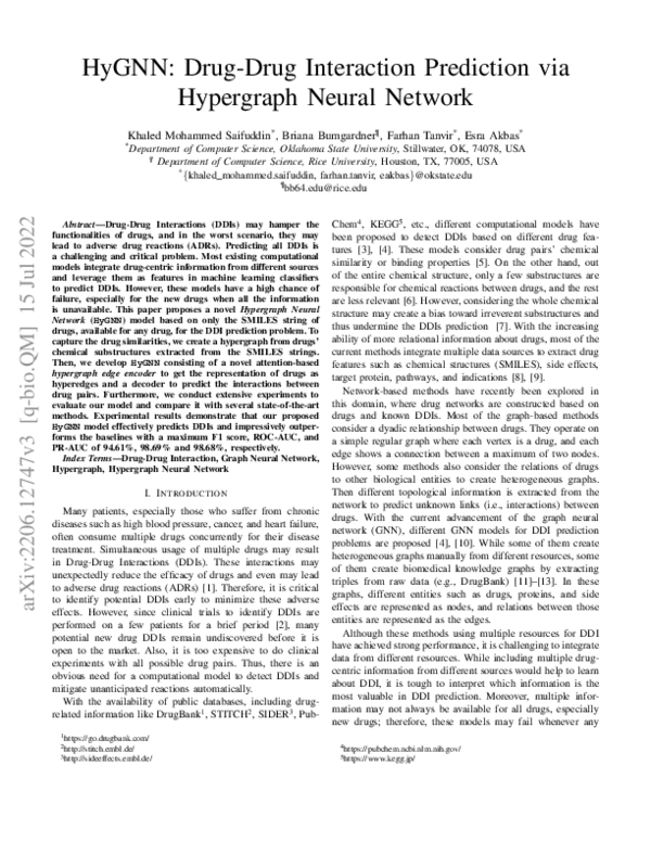 (PDF) HyGNN: Drug-Drug Interaction Prediction via Hypergraph Neural Network