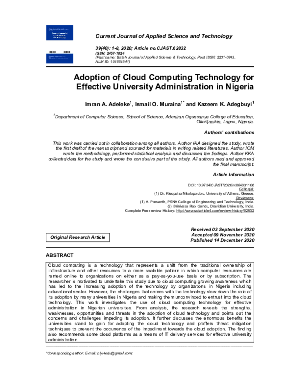 (PDF) Adoption of Cloud Computing Technology for Effective University Administration in Nigeria