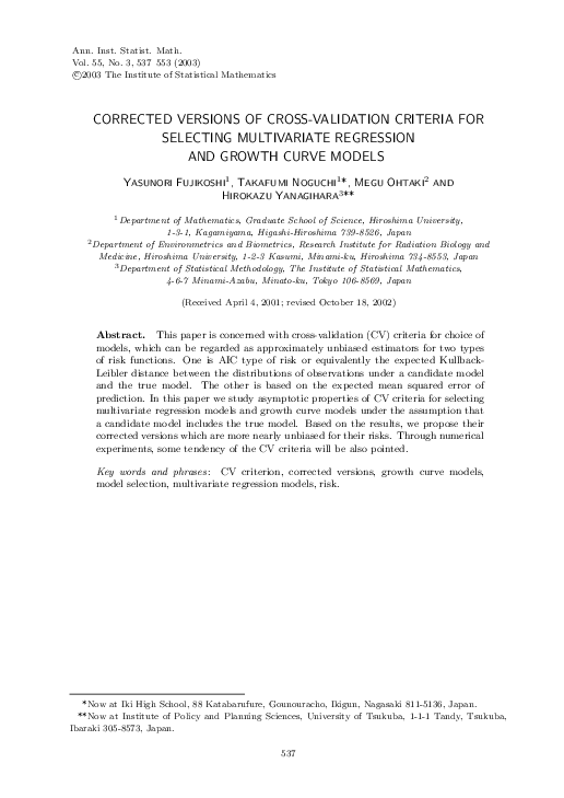 (PDF) Corrected versions of cross-validation criteria for selecting multivariate regression and ...