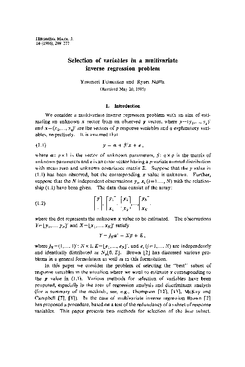 (PDF) Selection of variables in a multivariate inverse regression problem | Yasunori Fujikoshi ...