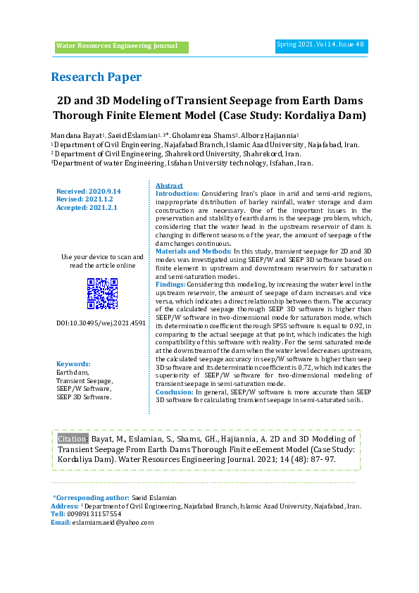 Pdf 2d And 3d Modeling Of Transient Seepage From Earth Dams Thorough