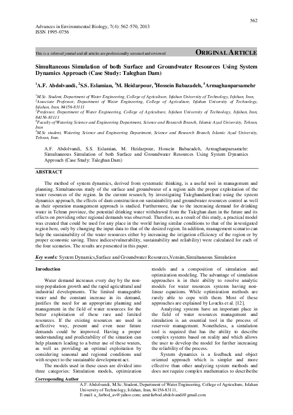 Pdf Simultaneous Simulation Of Both Surface And Groundwater Resources Using System Dynamics