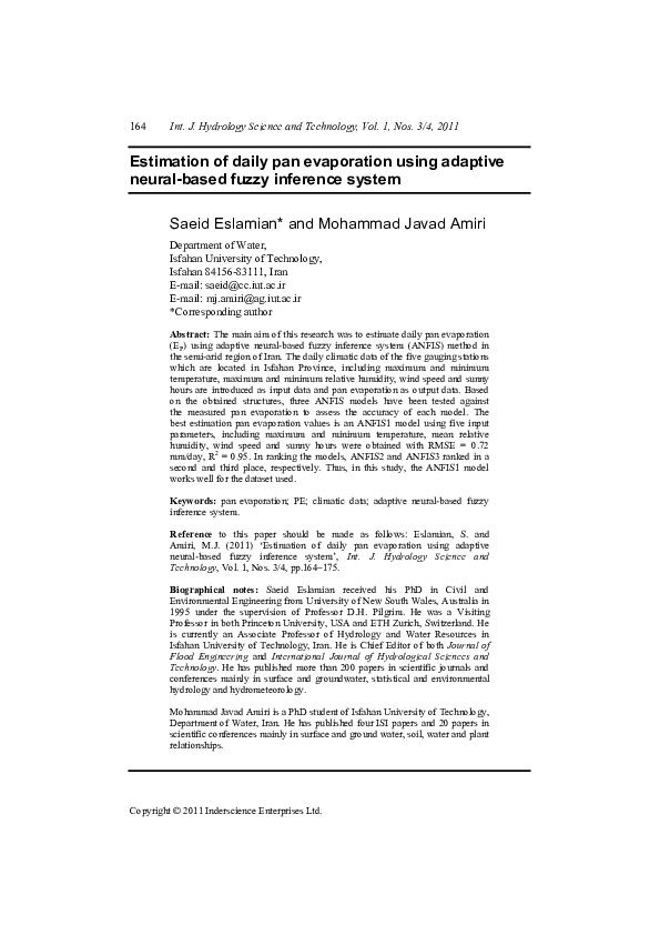 Pdf Estimation Of Daily Pan Evaporation Using Adaptive Neural Based Fuzzy Inference System