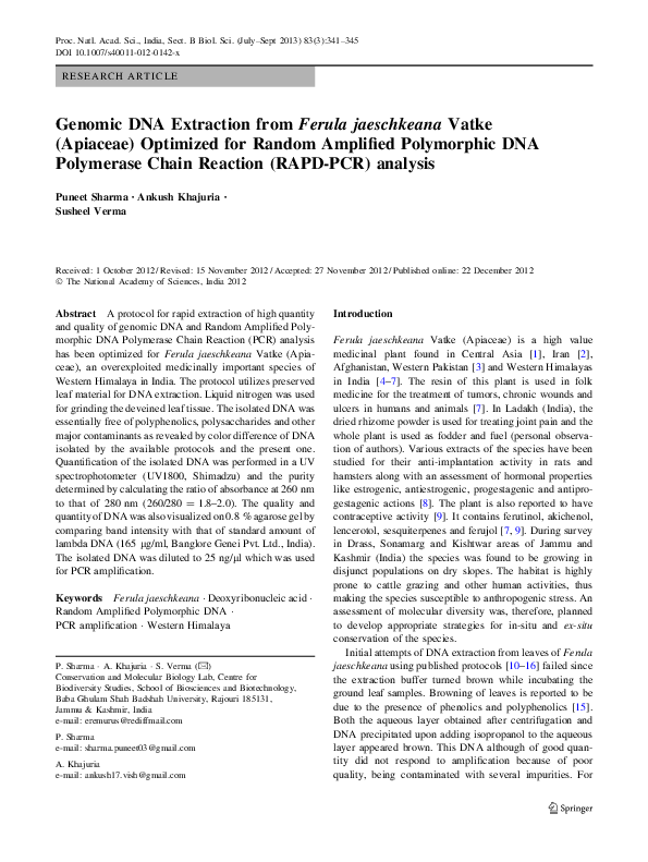 (PDF) Genomic DNA Extraction from Ferula jaeschkeana Vatke (Apiaceae ...