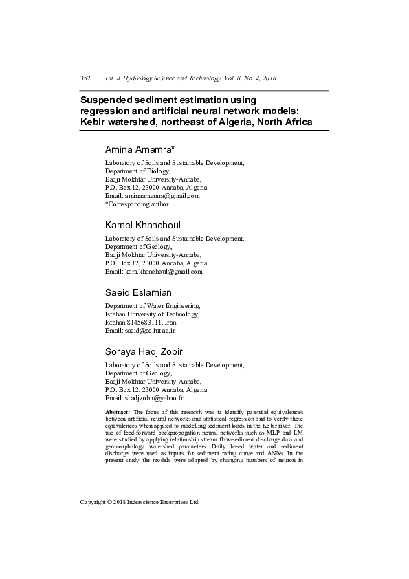 (PDF) Suspended sediment estimation using regression and artificial neural network models: Kebir ...