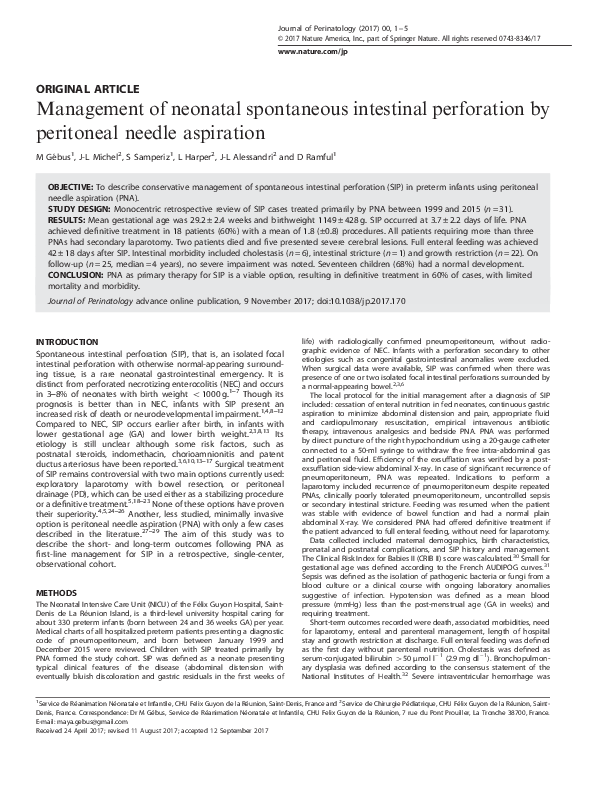 (PDF) Management of neonatal spontaneous intestinal perforation by ...
