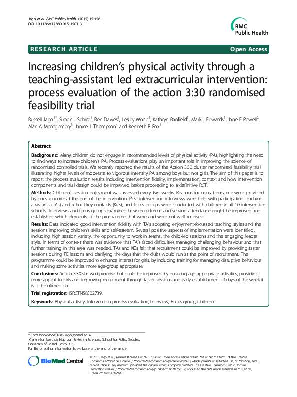 (PDF) Increasing children’s physical activity through a teaching-assistant led extracurricular ...