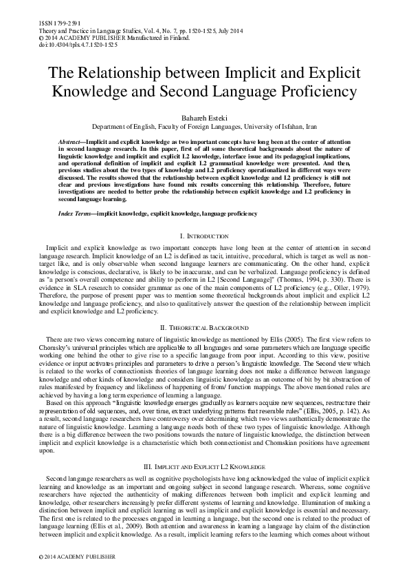 (PDF) The Relationship between Implicit and Explicit Knowledge and Second Language Proficiency