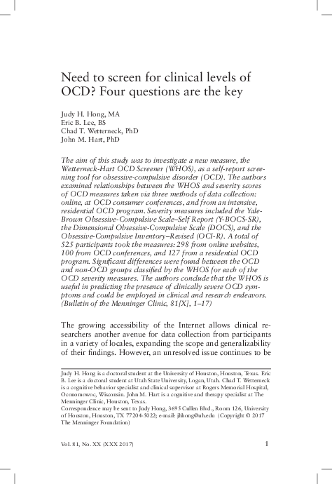 (PDF) Need to screen for clinical levels of OCD? Four questions are the key
