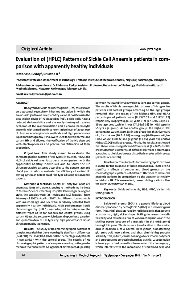 (PDF) Evaluation of (HPLC) Patterns of Sickle Cell Anaemia patients in ...
