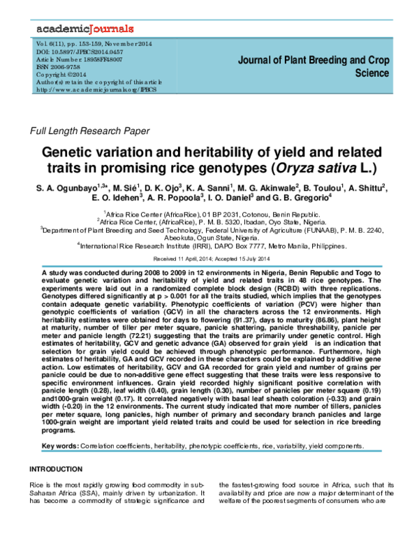 (PDF) Genetic variation and heritability of yield and related traits in promising rice genotypes ...