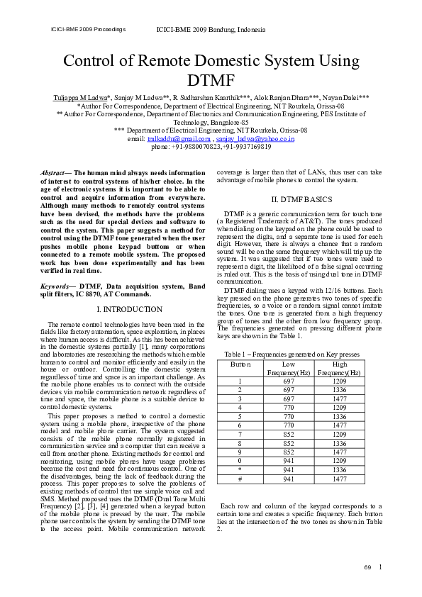 (PDF) Control of remote domestic system using DTMF