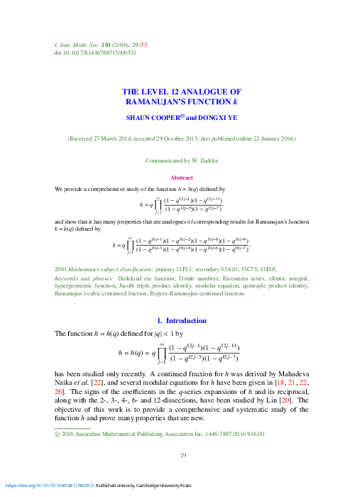 (PDF) The Level 12 Analogue of Ramanujan’s Function