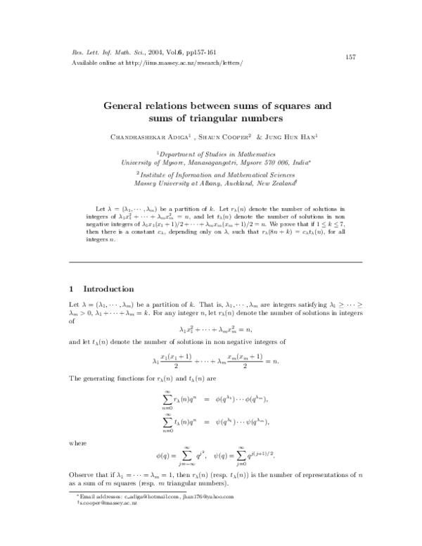 (PDF) General relations between sums of squares and sums of triangular numbers