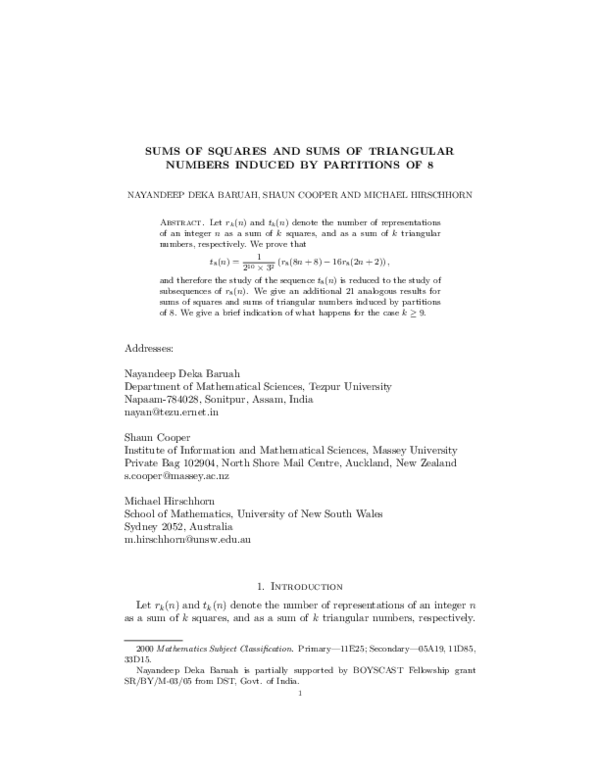 (PDF) Sums of Squares and Sums of Triangular Numbers Induced by Partitions of 8