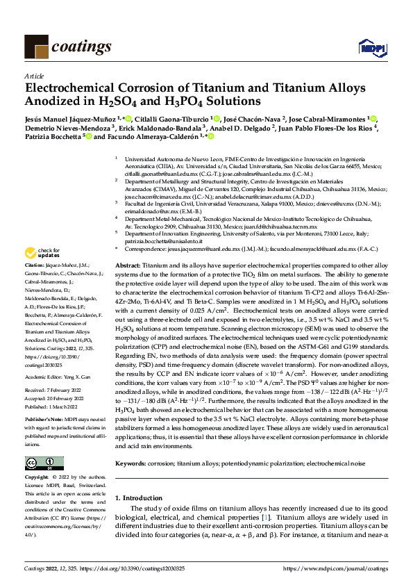 (PDF) Electrochemical Corrosion of Titanium and Titanium Alloys Anodized in H2SO4 and H3PO4 ...