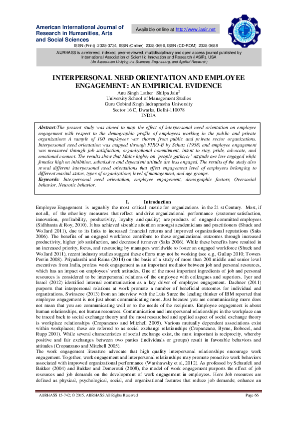 (PDF) Interpersonal Need Orientation and Employee Engagement: An ...
