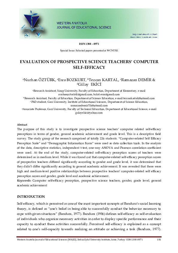 (PDF) Evaluation of prospective science teachers' computer self efficacy