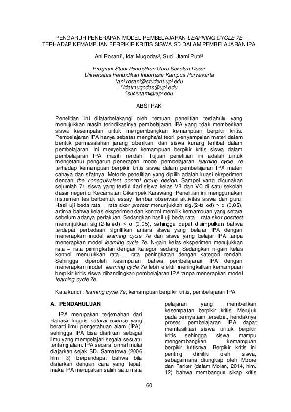 (PDF) Pengaruh Penerapan Model Pembelajaran Learning Cycle 7E Terhadap Kemampuan Berpikir Kritis ...