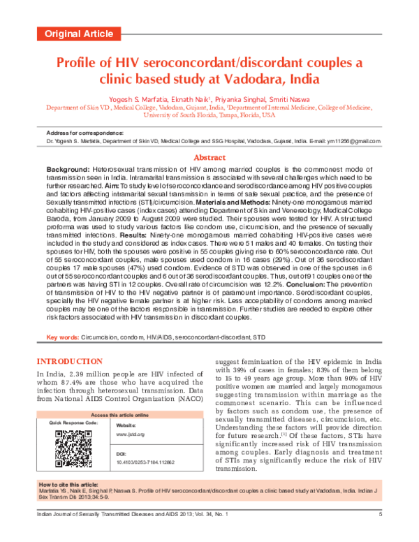 (PDF) Profile of HIV seroconcordant/discordant couples a clinic based ...
