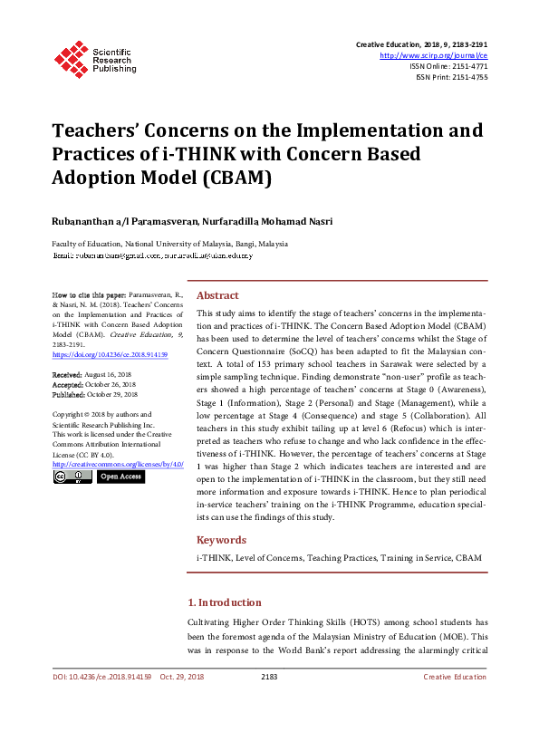 (PDF) Teachers’ Concerns on the Implementation and Practices of i-THINK ...