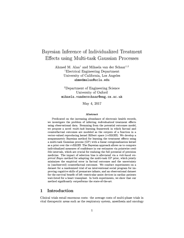 Pdf Bayesian Inference Of Individualized Treatment Effects Using Multi Task Gaussian Processes