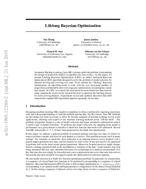(PDF) Lifelong Bayesian Optimization for Auto-ML