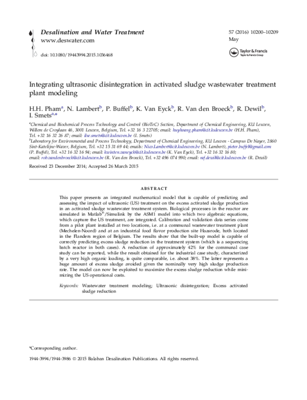 (PDF) Integrating ultrasonic disintegration in activated sludge ...