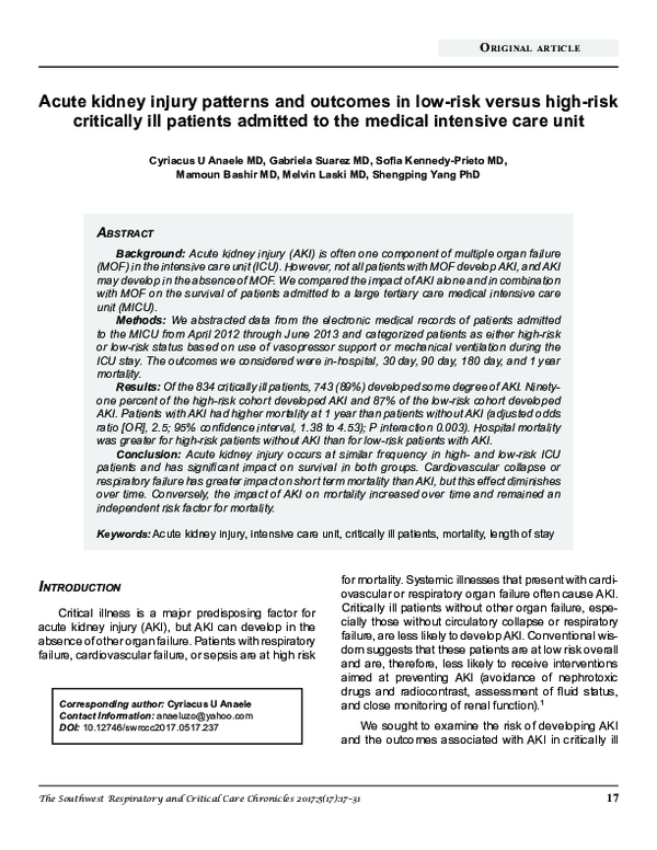 (PDF) Acute kidney injury patterns and outcomes in low-risk versus high ...