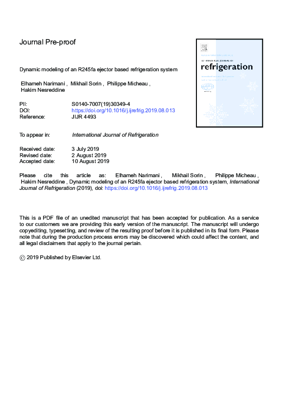 (PDF) Dynamic modeling of an R245fa ejector based refrigeration system