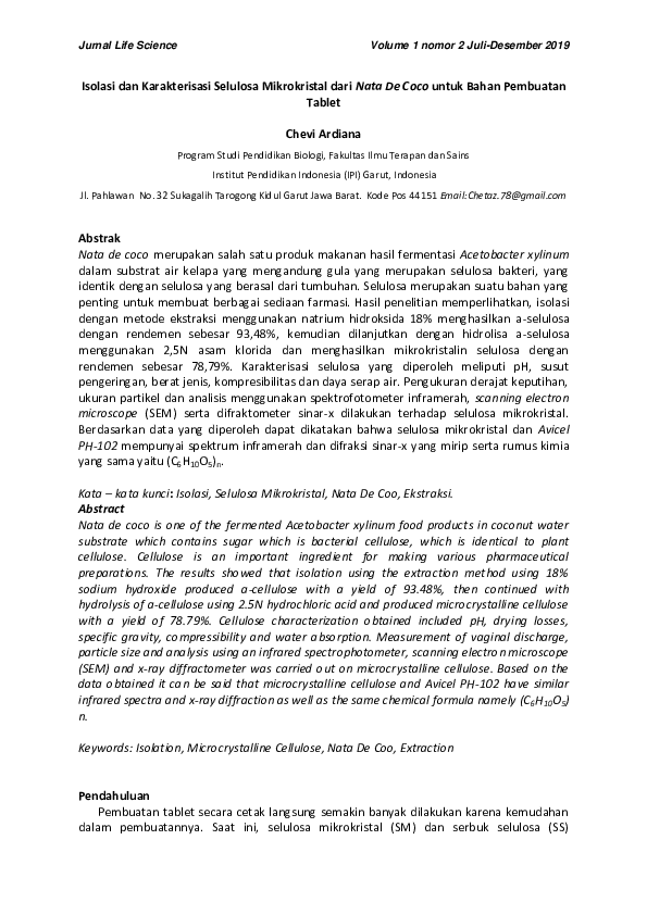 (PDF) Isolasi dan Karakterisasi Selulosa Mikrokristal dari Nata De Coco untuk Bahan Pembuatan Tablet
