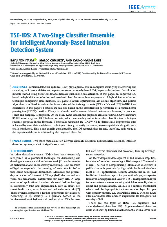 Pdf Tse Ids A Two Stage Classifier Ensemble For Intelligent Anomaly Based Intrusion Detection
