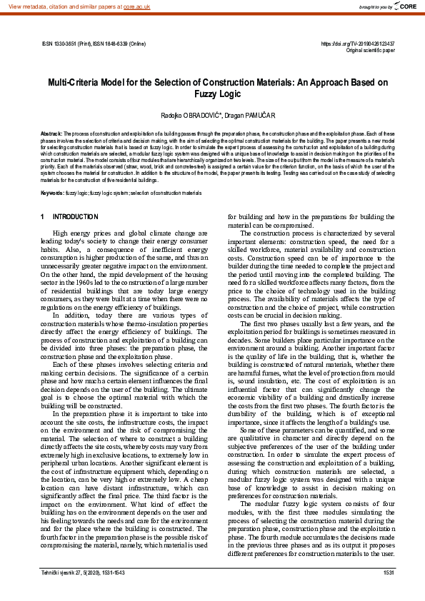 Pdf Multi Criteria Model For The Selection Of Construction Materials An Approach Based On