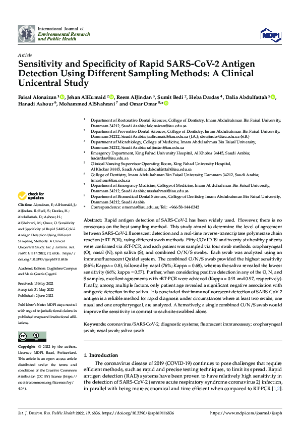 Pdf Sensitivity And Specificity Of Rapid Sars Cov 2 Antigen Detection Using Different Sampling