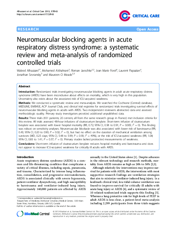 (PDF) Neuromuscular blocking agents in acute respiratory distress syndrome: a systematic review ...