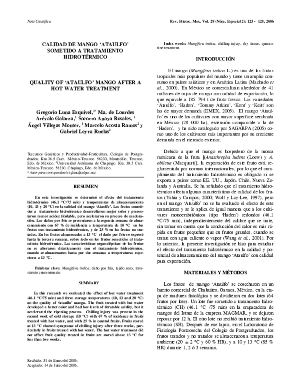 (PDF) Calidad De Mango ‘Ataulfo’ Sometido a Tratamiento Hidrotérmico
