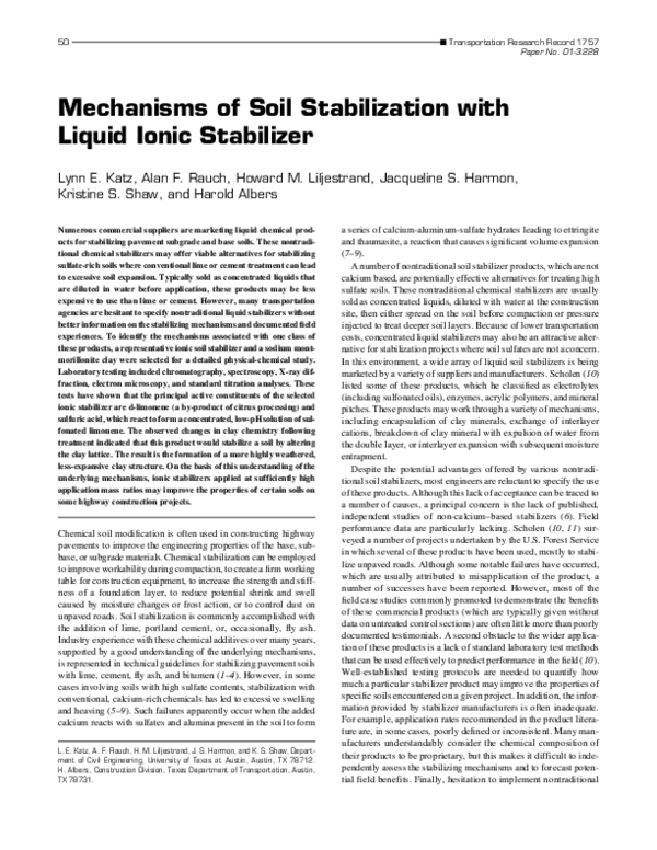 (PDF) Mechanisms of Soil Stabilization with Liquid Ionic Stabilizer